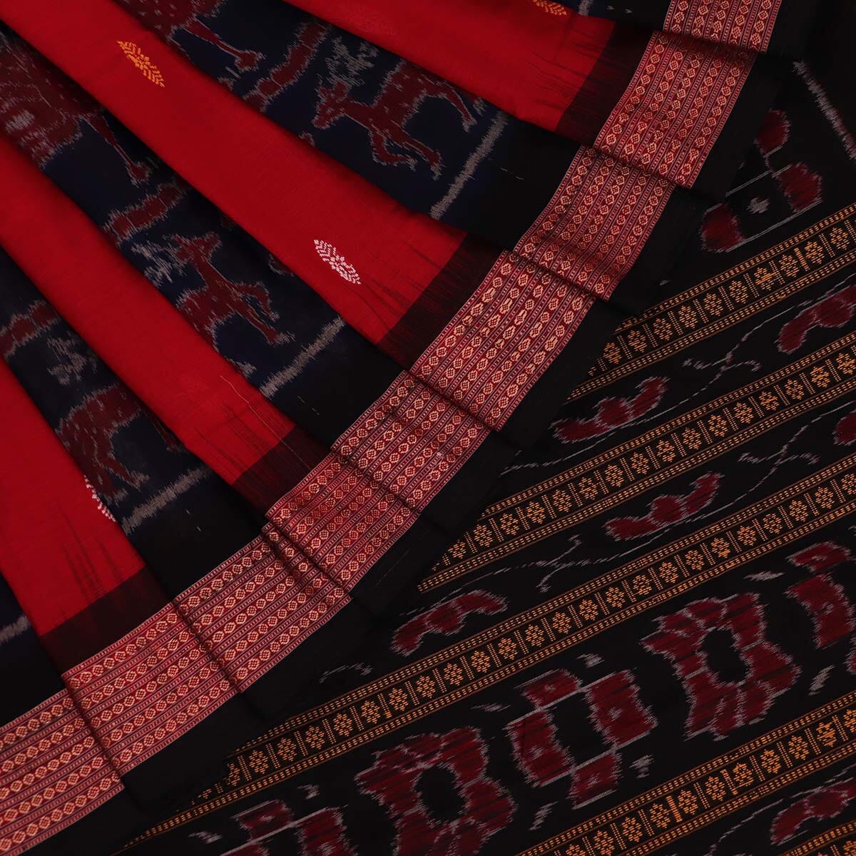 Red Ikkat Bomkai Cotton Saree | P131704850 – Priyadarshini Handloom